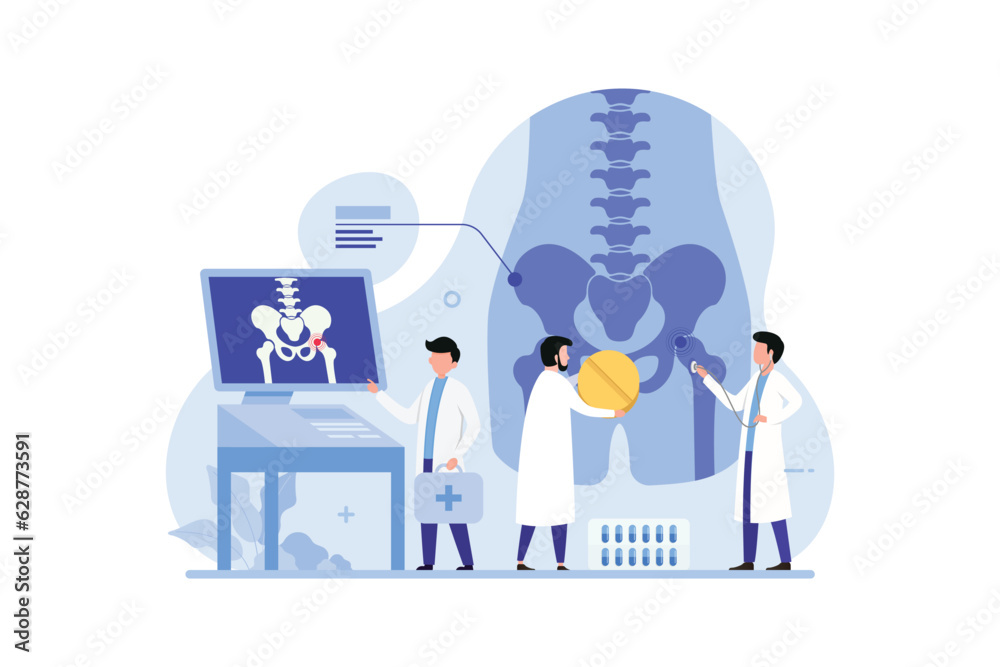 Pain and inflammation in the pelvis illustration concept. Tiny doctor ...