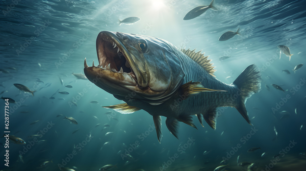 Predatory fish underwater, ready to swallow the bait. hunting predator ...