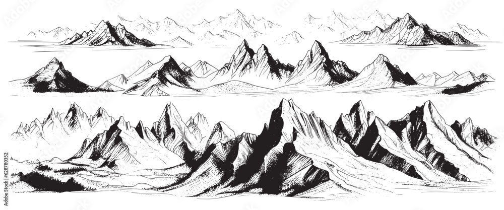 Vector sketch of hand drawn graphic mountain ranges and pine forest ...