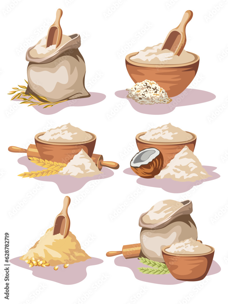 Set of different types of flour in sacks and wooden bowls isolated on ...