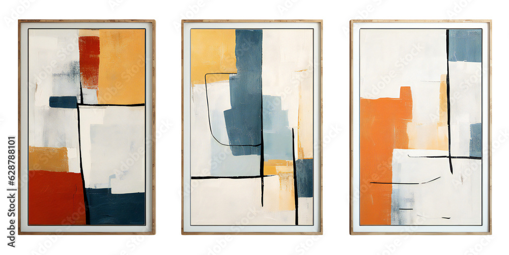 Set of abstract wall art oil paintings with colorful shapes and lines ...