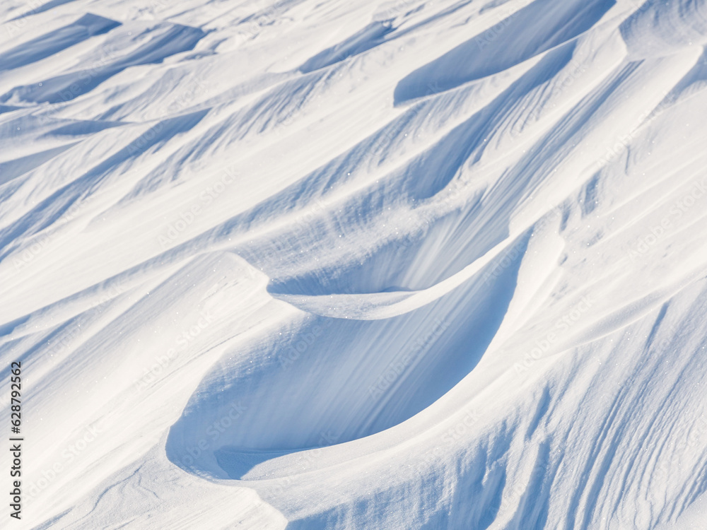 Snow texture. Wind sculpted patterns on snow surface. Wind in the ...