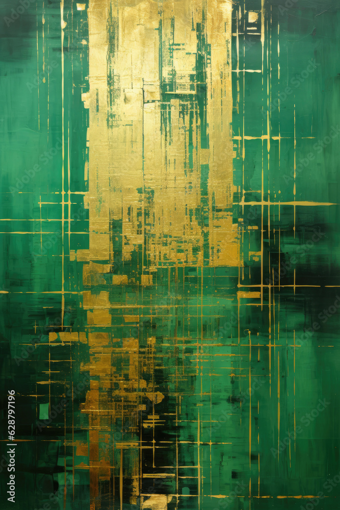 painting of abstract green and gold background, visible orthogonal ...