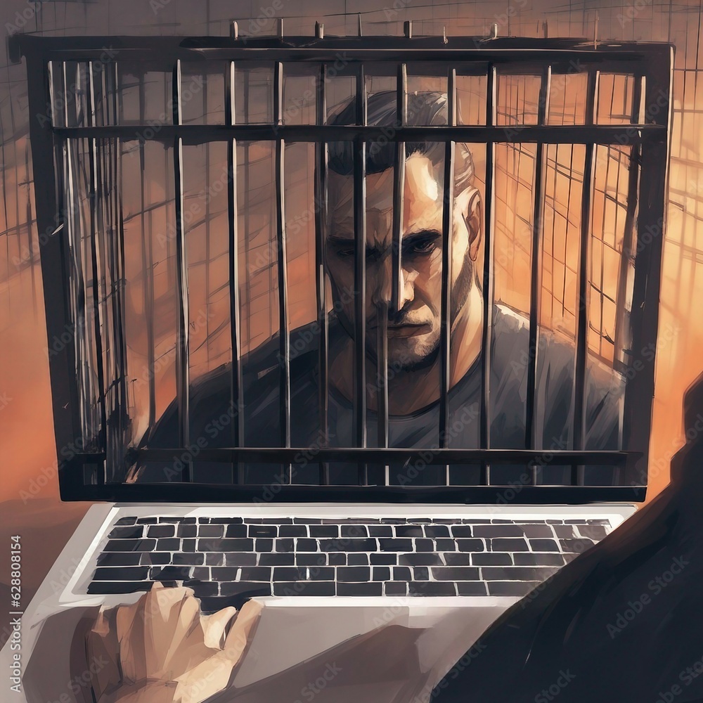In screen of computer, man behind bars of jail. Stock Illustration ...