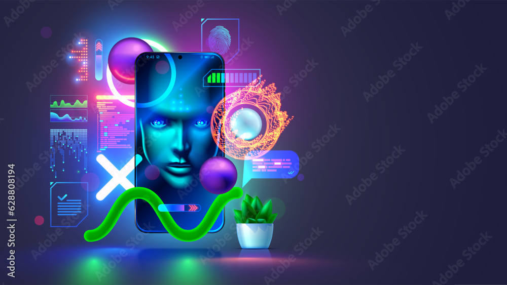 AI in image wise face on screen hanging phone with artifical ...