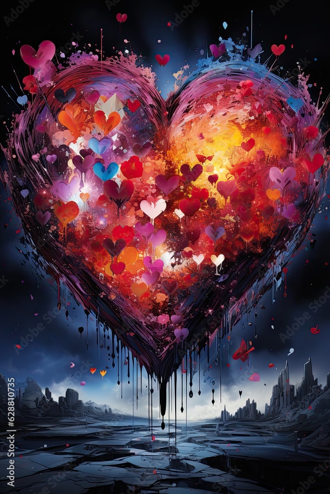 Explosion of love in space, painted in the style of Paul Bonner ...