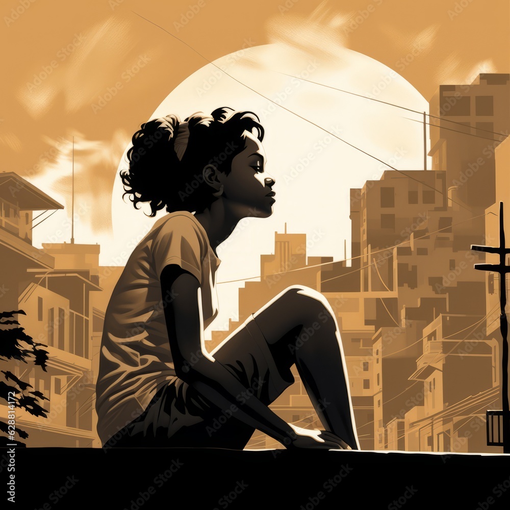 Black girl in thinking and doubts pose cartoon illustration. Young ...