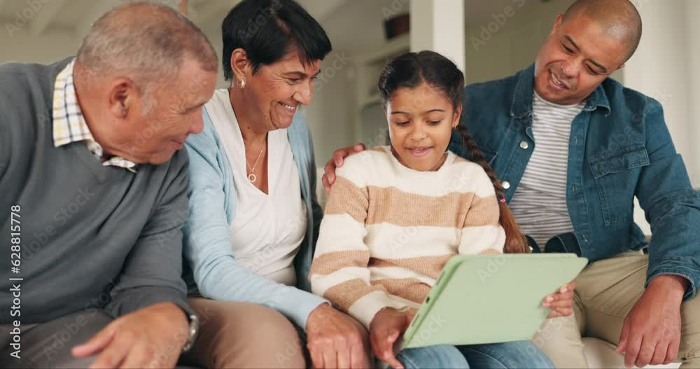 Big family, tablet and happy kid in home for learning, bonding or relax ...