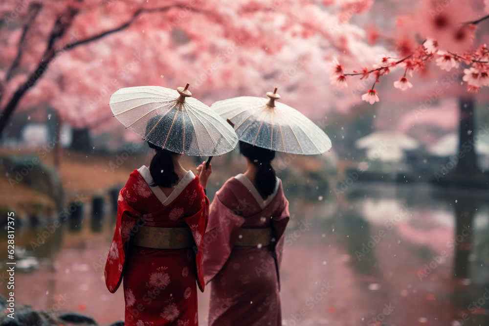Japanese women walk under sakura trees with umbrellas. Traditional ...