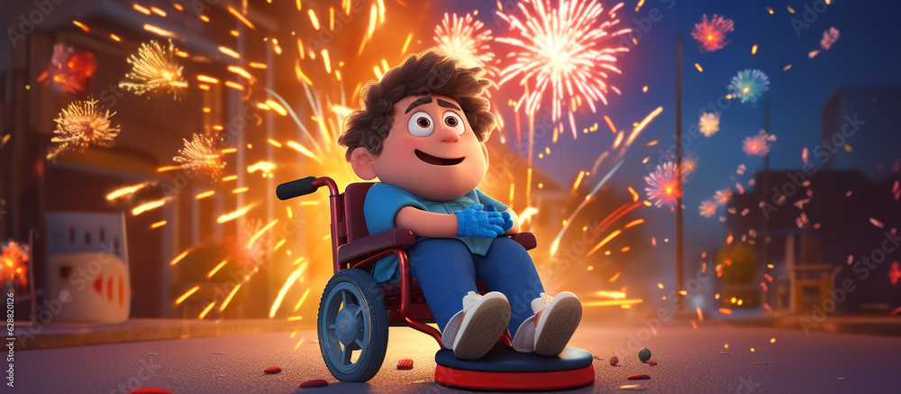 Diversity and Inclusion: A young boy in a wheelchair watching fireworks ...