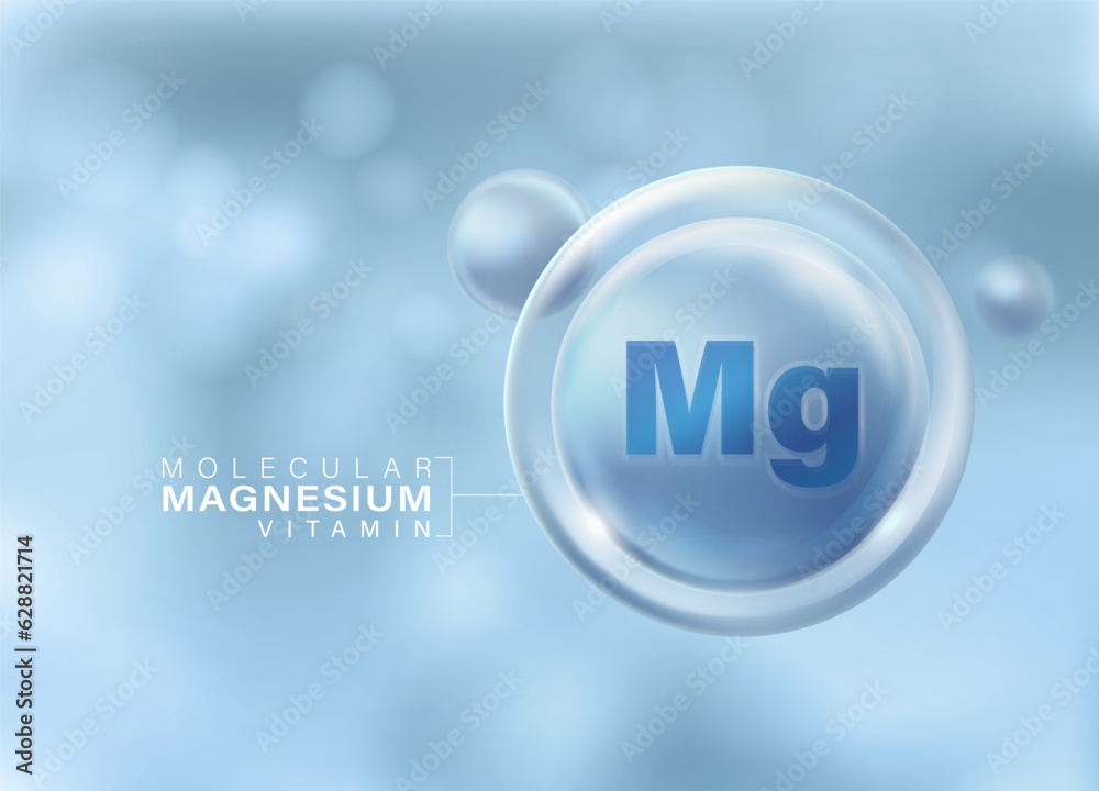 Magnesium vitamin molecule floating in front of isolated blue ...