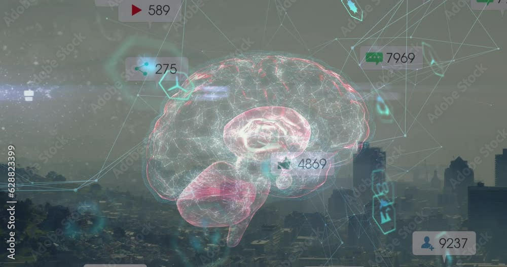 Animation of social media icons over spinning human brain icon against ...