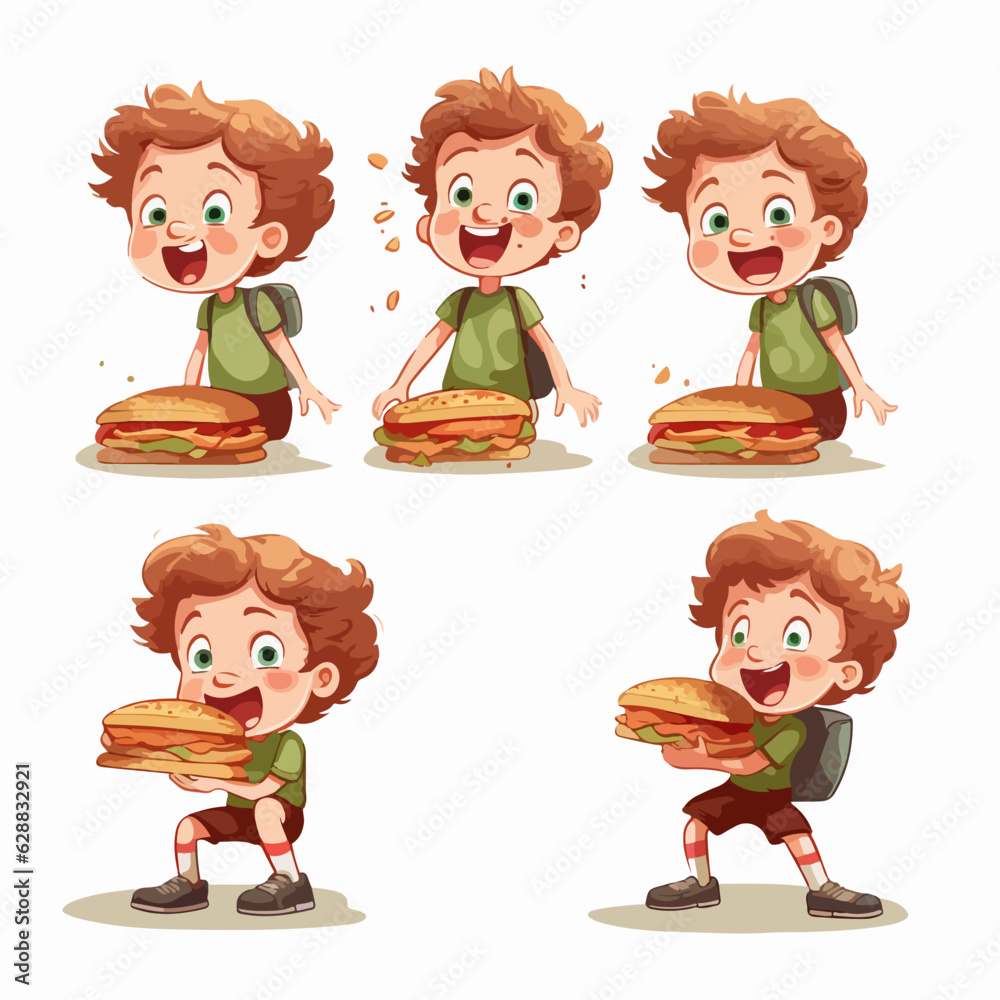 Vector of a boy with a sandwich, cartoon style, young child. Stock ...
