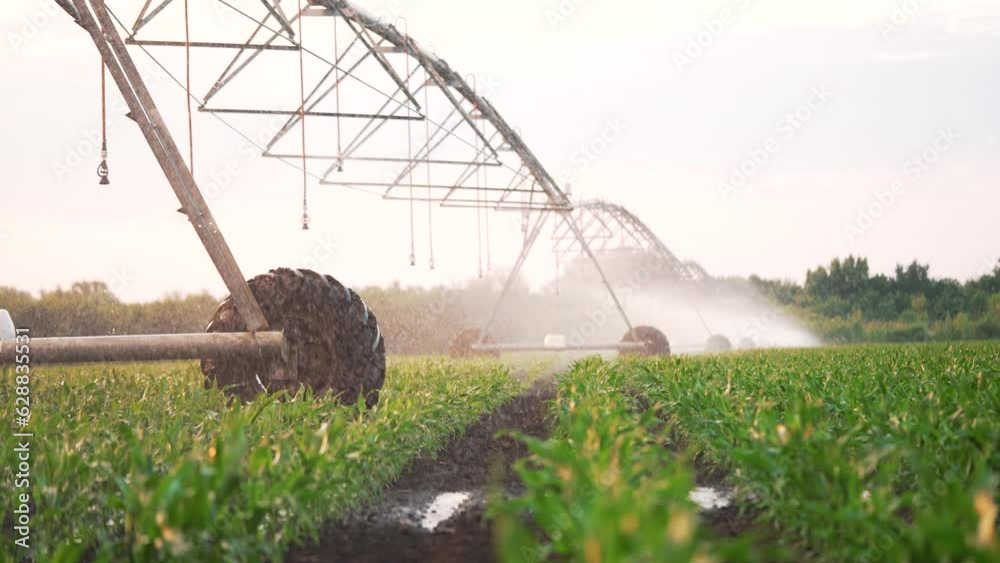 Agriculture.Irrigation system for green corn field.Watering summer ...