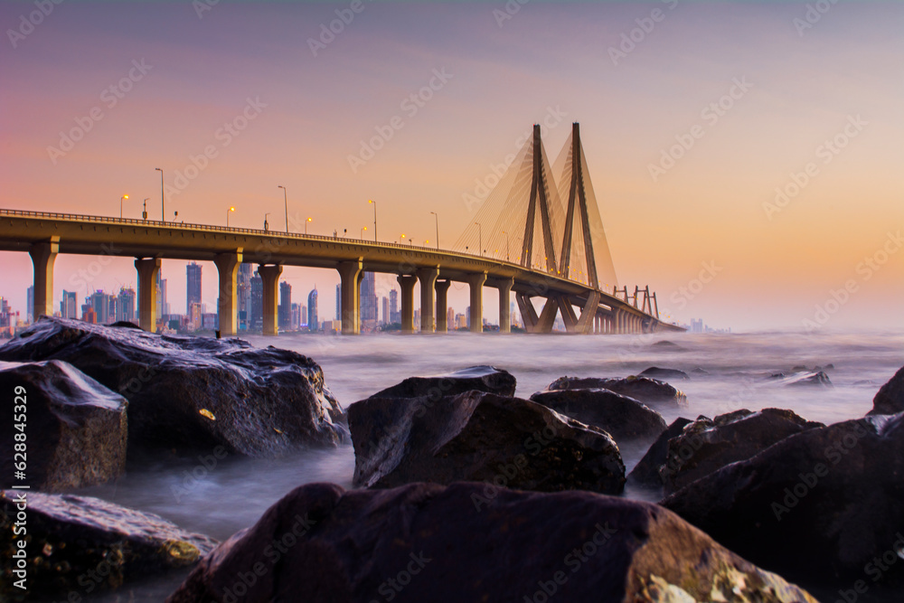 bridge at sunset, Bandra Worli Sea Link, Mumbai, India. Stock Photo ...