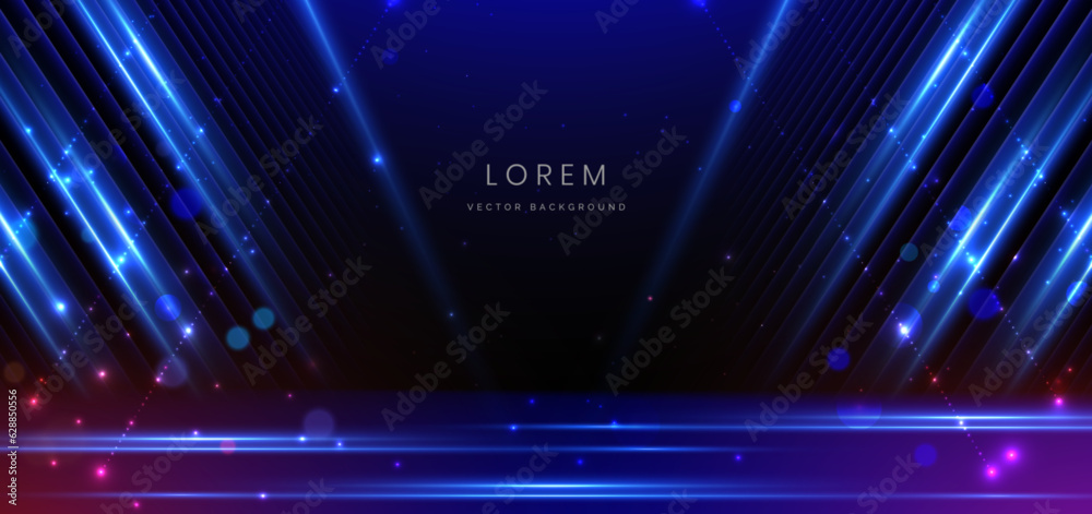 Abstract elegant dark blue stage background with blue neon line and ...