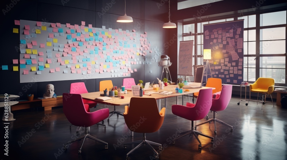A brainstorming area in an office, featuring a whiteboard full of notes ...