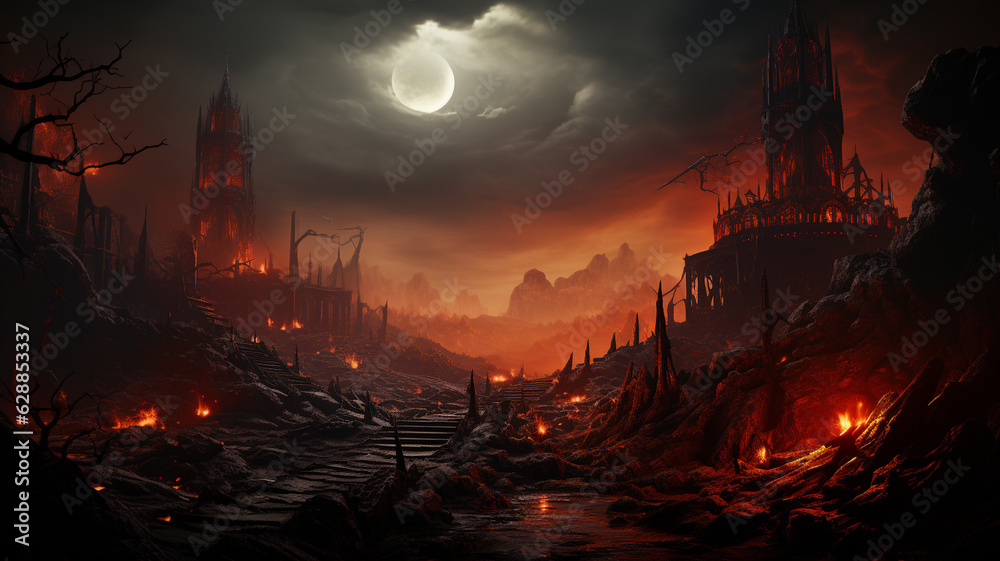 spooky halloween night with a moon, spooky haunted house with a full ...