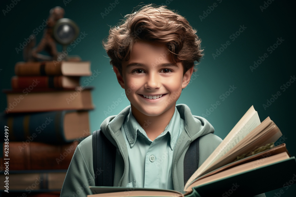 smiling boy, clutching books in hand and giving a thumbs-up, stands ...