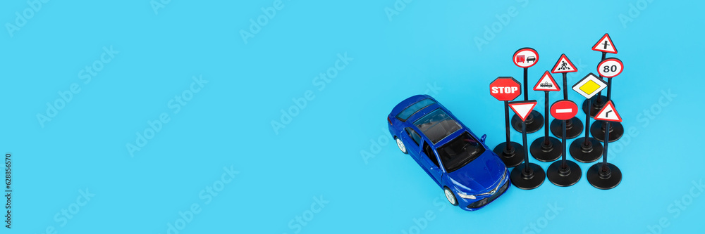 car and road signs banner, driver's licenses and passing driving exams ...