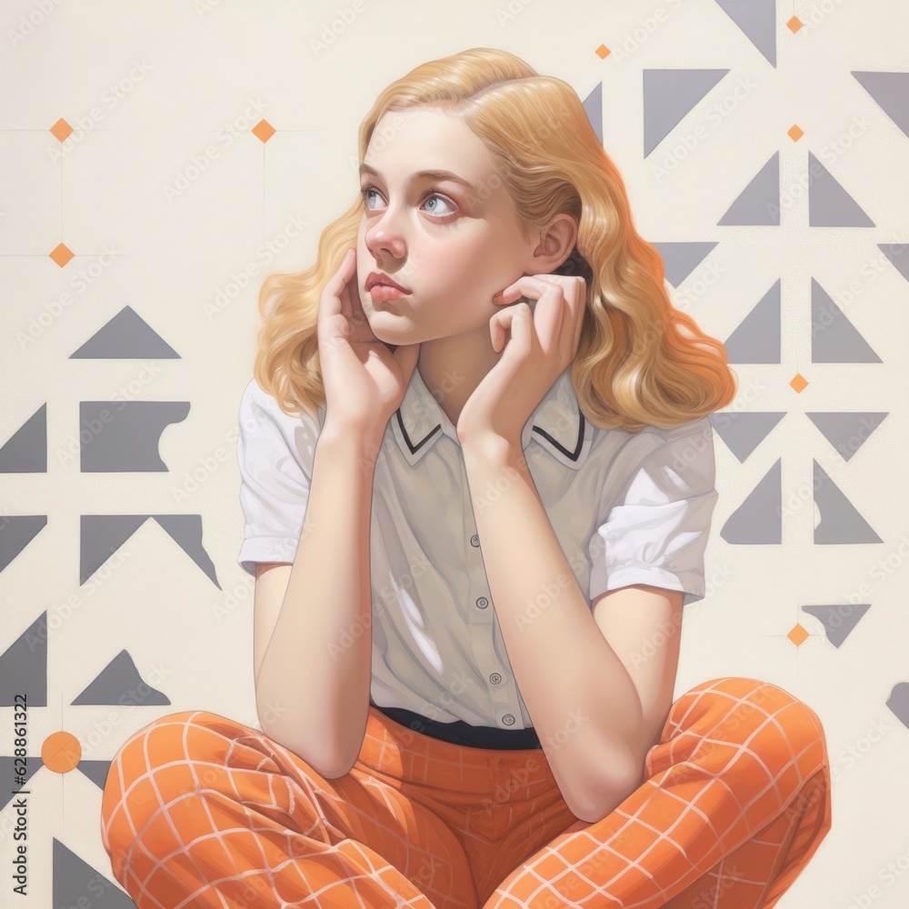 White girl in thinking and doubts realistic illustration. Young woman ...