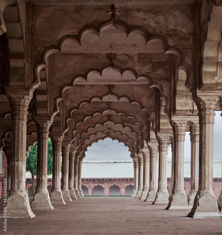 Hall of public audience of Agra red fort in India, beautiful ...