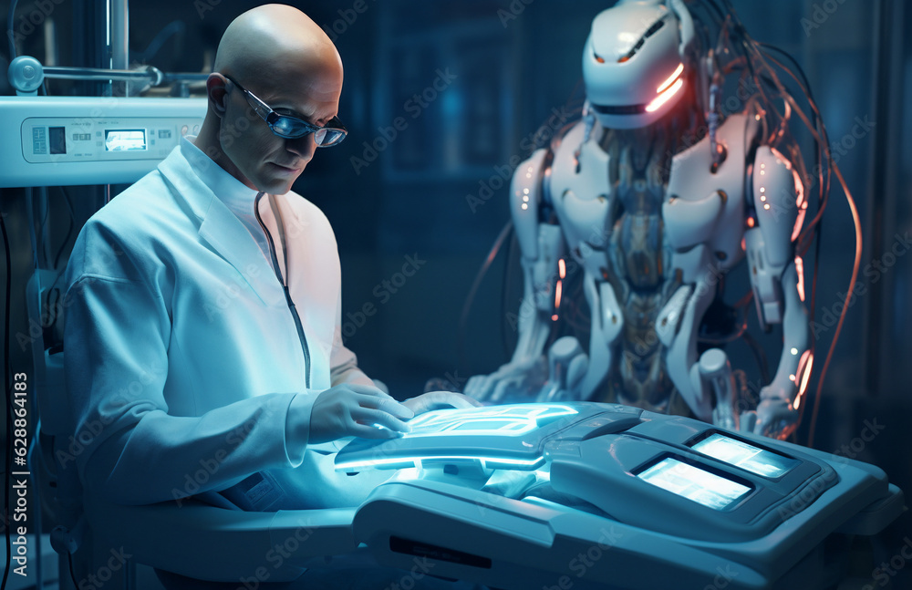 Scientist working with advanced robot in high-tech lab. Future ...