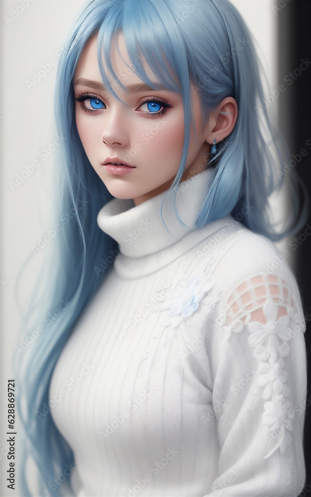 Very beautiful girl with blue hair and blue eyes. Blurred cold color ...
