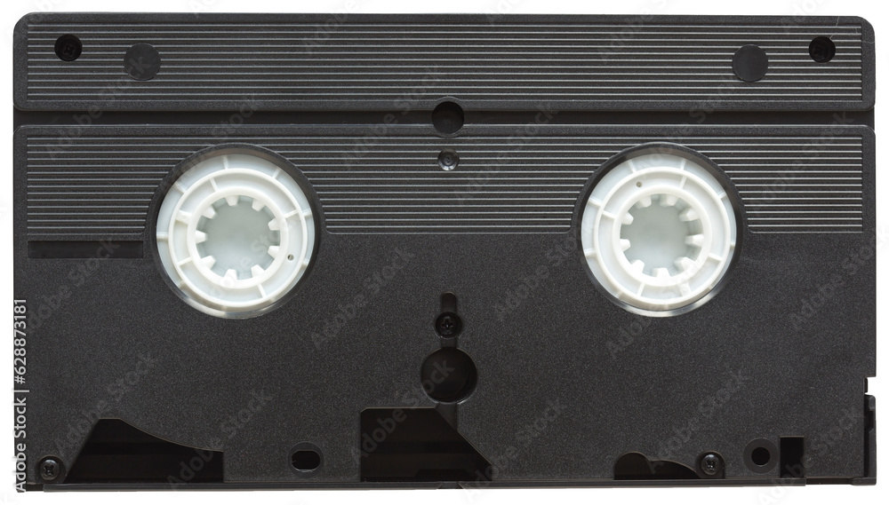 Old VHS video cassette. Back view with the exposed reel cores. Isolated ...