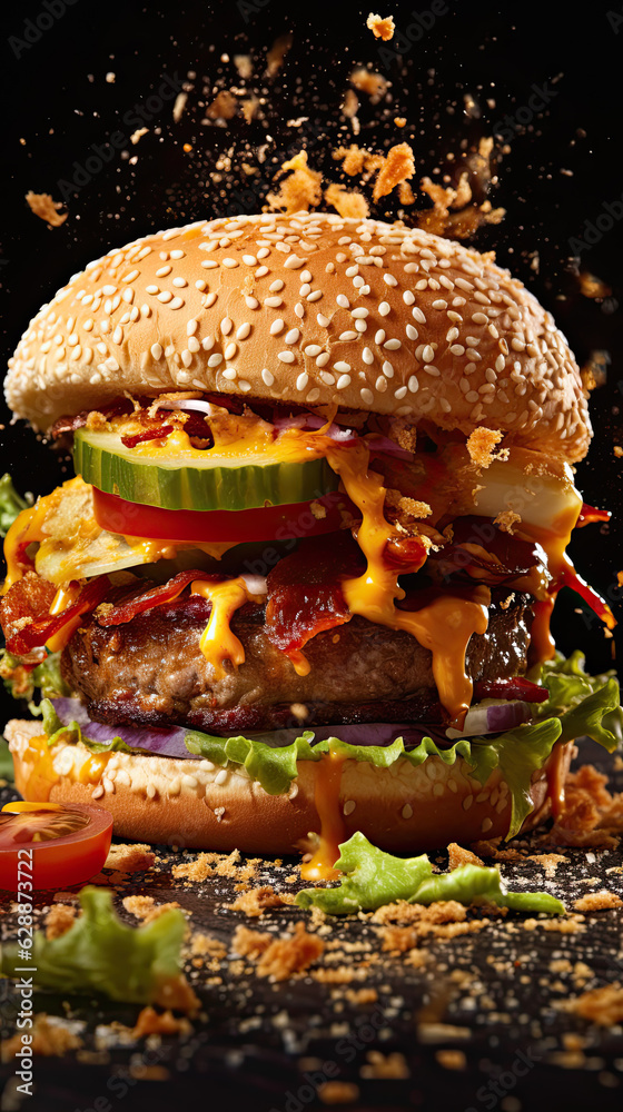 Dynamic double stack hamburger on sesame bun with sauce and cheese ...