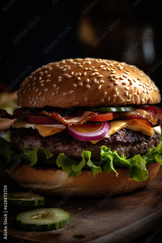 Dynamic double stack hamburger on sesame bun with sauce and cheese ...