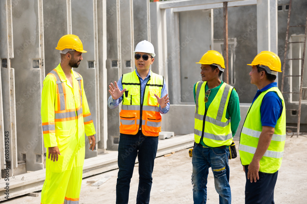 Professional Mechanical Engineer team and construction worker working ...