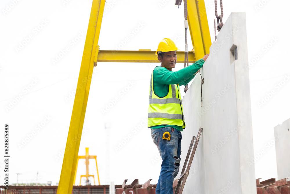 Reinforced concrete structures. Man construction worker control large ...
