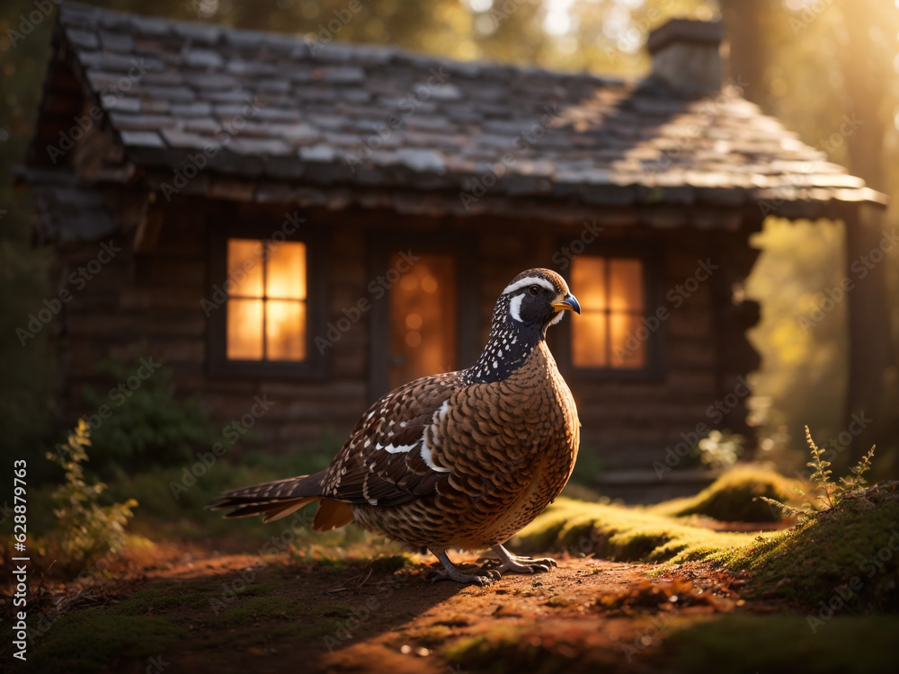 Cute grouse, framed by an old wood house with plenty of tree backdrop ...