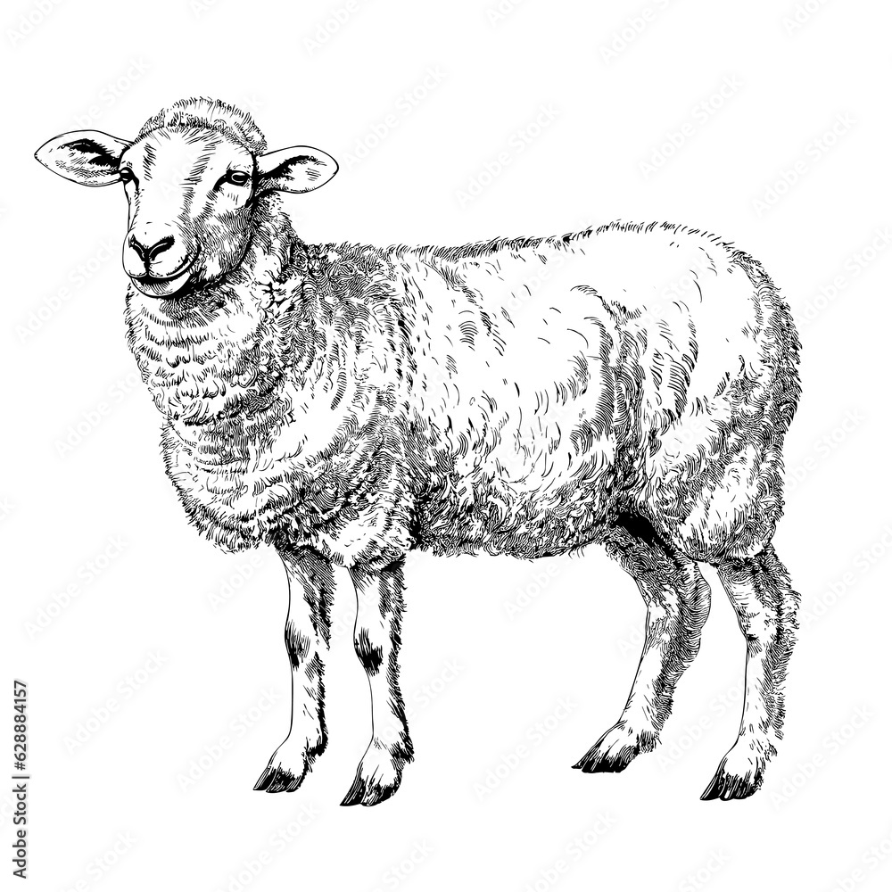 Sheep illustration, farm livestock, domestic animal, black and white ...