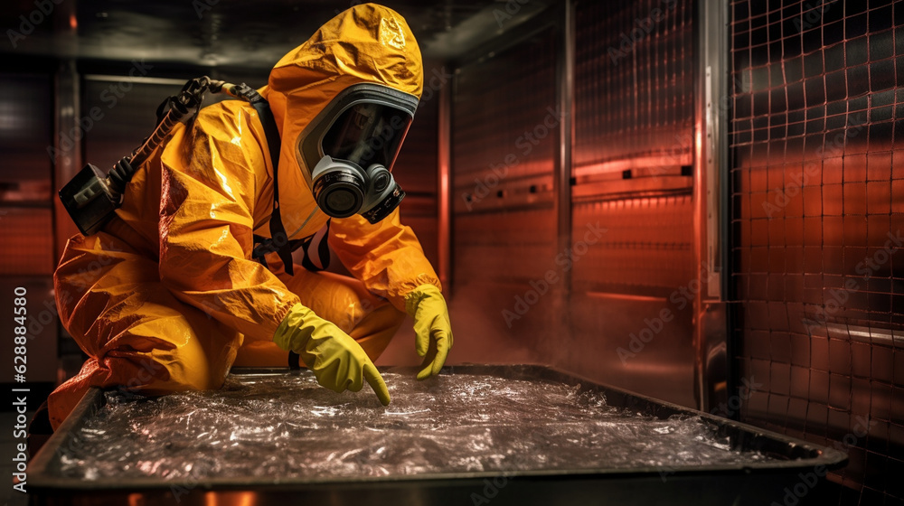 A worker handling hazardous materials inside a sealed containment ...