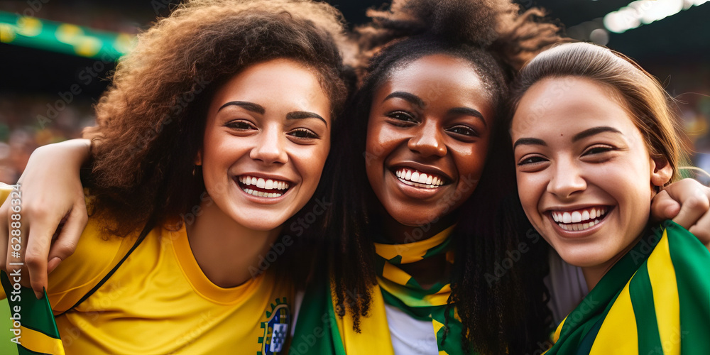 Joyful multicultural women in team jerseys hug after scoring a goal ...
