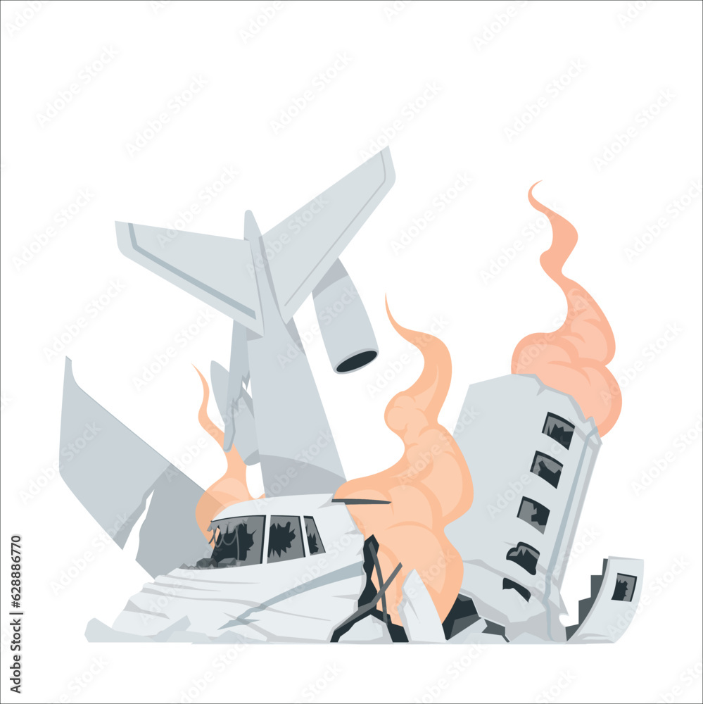 exploding and burning white aircraft. Airplane accident. The plane ...