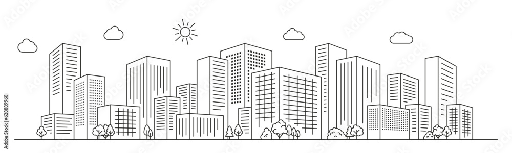 City landscape. Line urban backdrop. Skyline with clouds, different ...