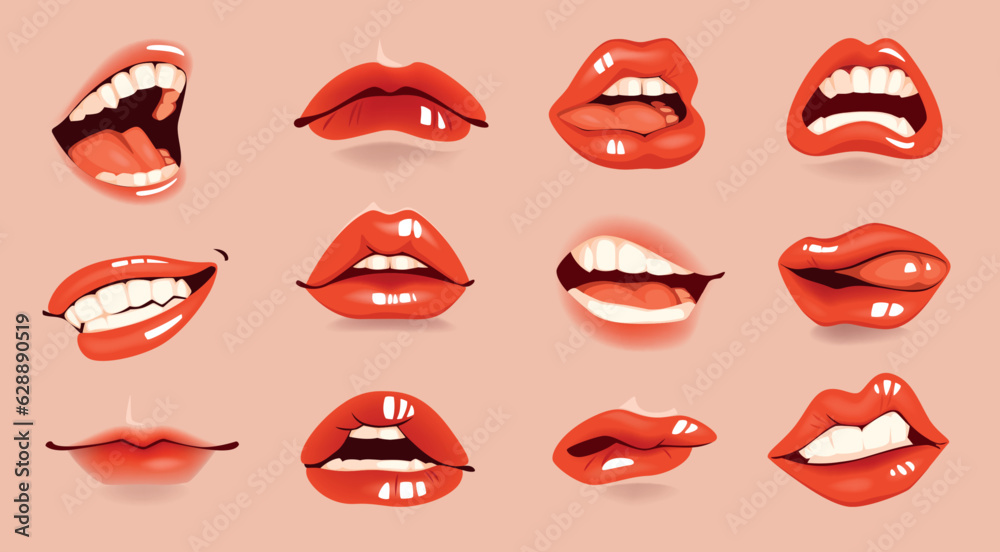 Mouth emotions, red glossy lips. Smile with white teeth, happy laugh ...