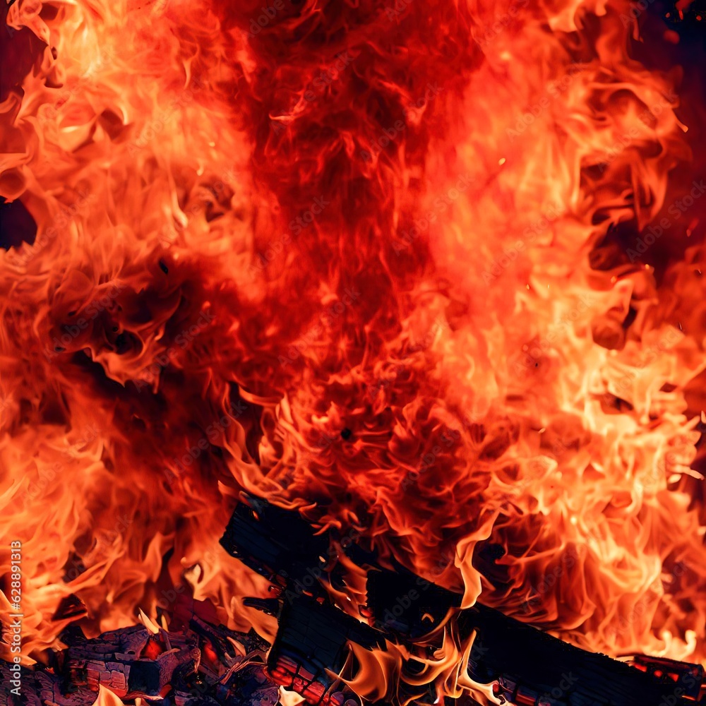 Big red and orange flames raging fire, wood and embers in the fire on a ...