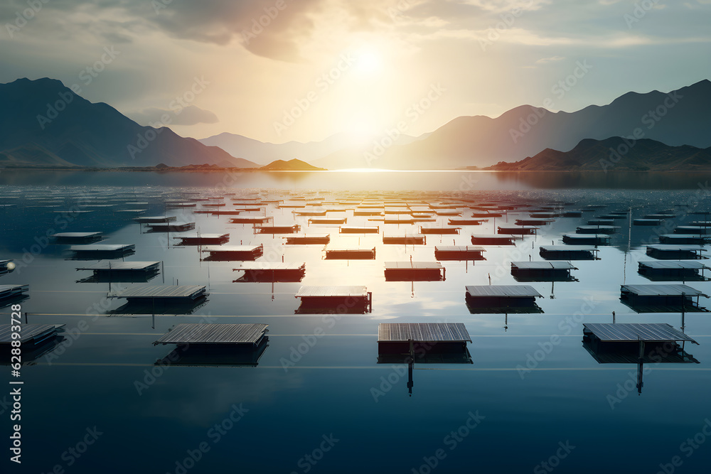 Floating solar power plant. many solar panel installation on dam river ...