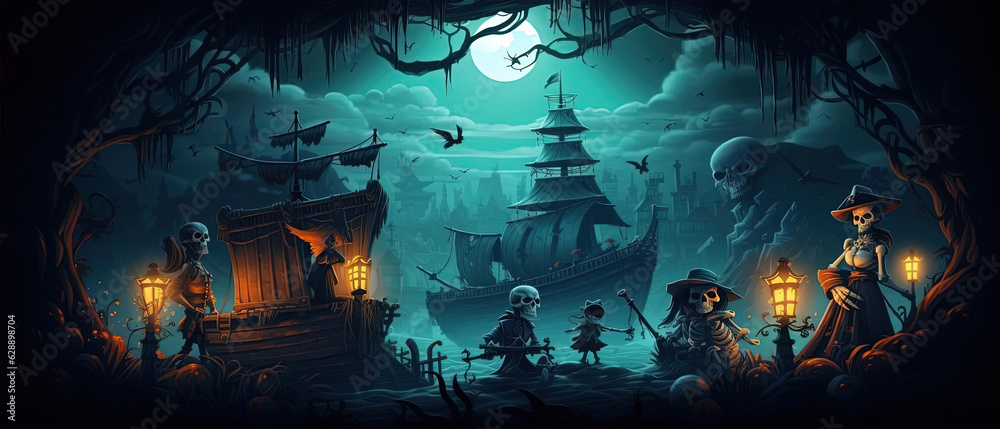Spooky Pirates of Halloween: Fantasy Illustration with Skeleton Pirates ...