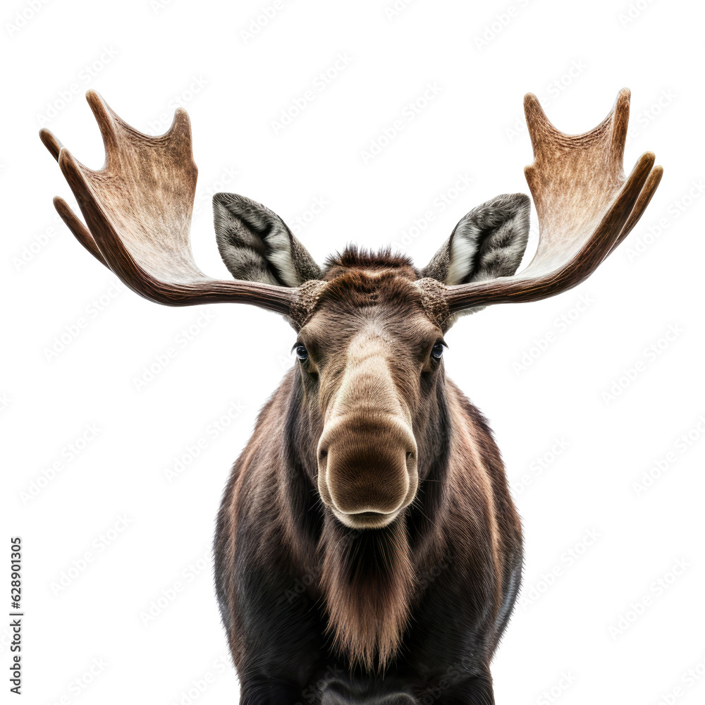 A majestic moose with impressive antlers. Isolated background ...