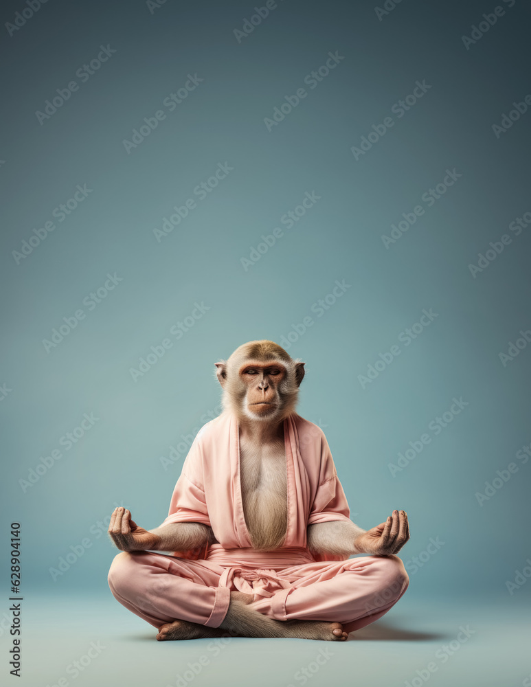 Calm looking monkey wearing simple clothes, sitting on ground in lotus ...