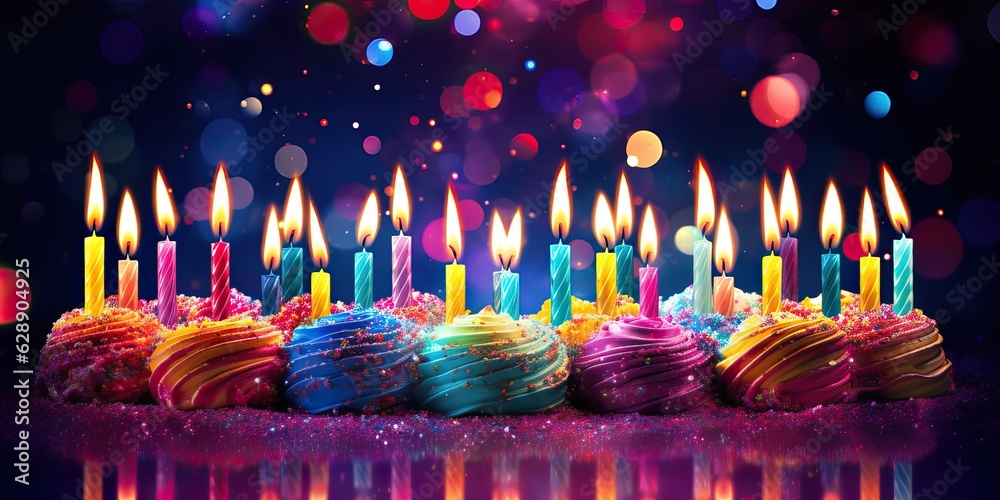 Colorful birthday cake with burning candles on blue bokeh background ...