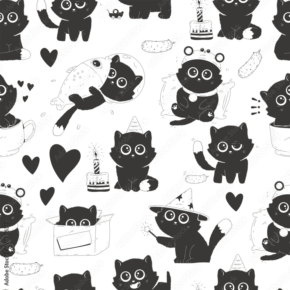 Cute black cats vector cartoon seamless pattern background for ...