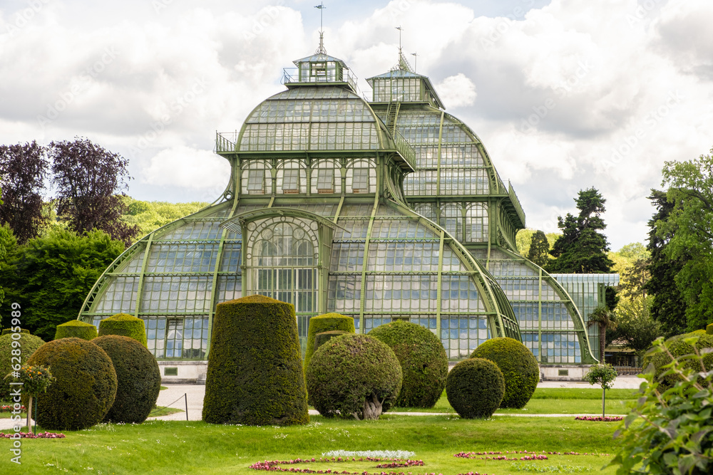 Greenhouse Palm House, Palmenhaus at Schonbrunn garden, historic glass ...