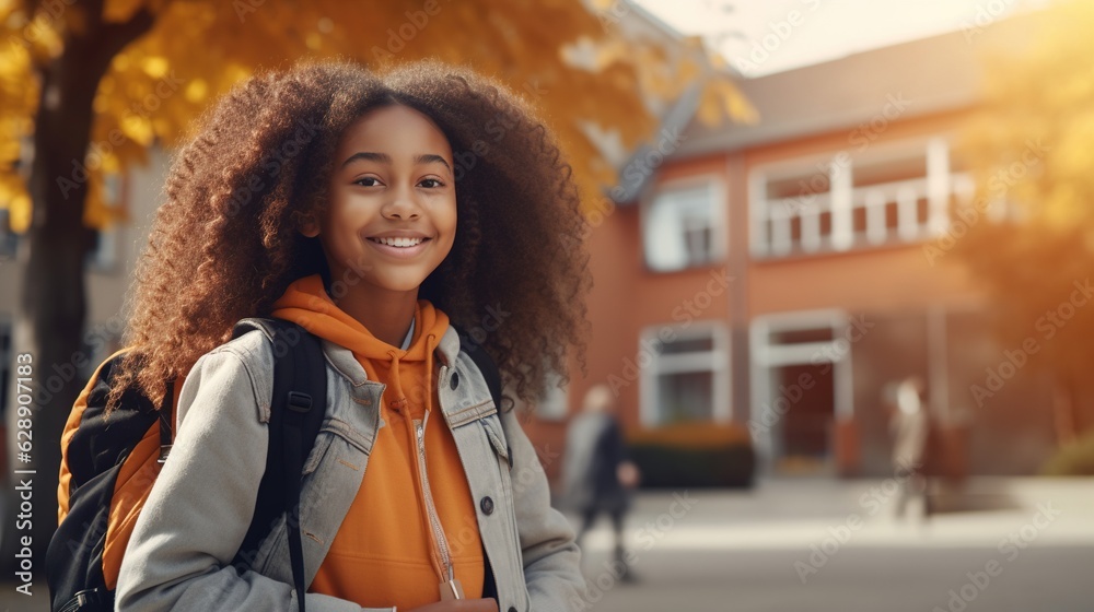 Happy dark skinned african american schoolgirl with backpack Stock ...