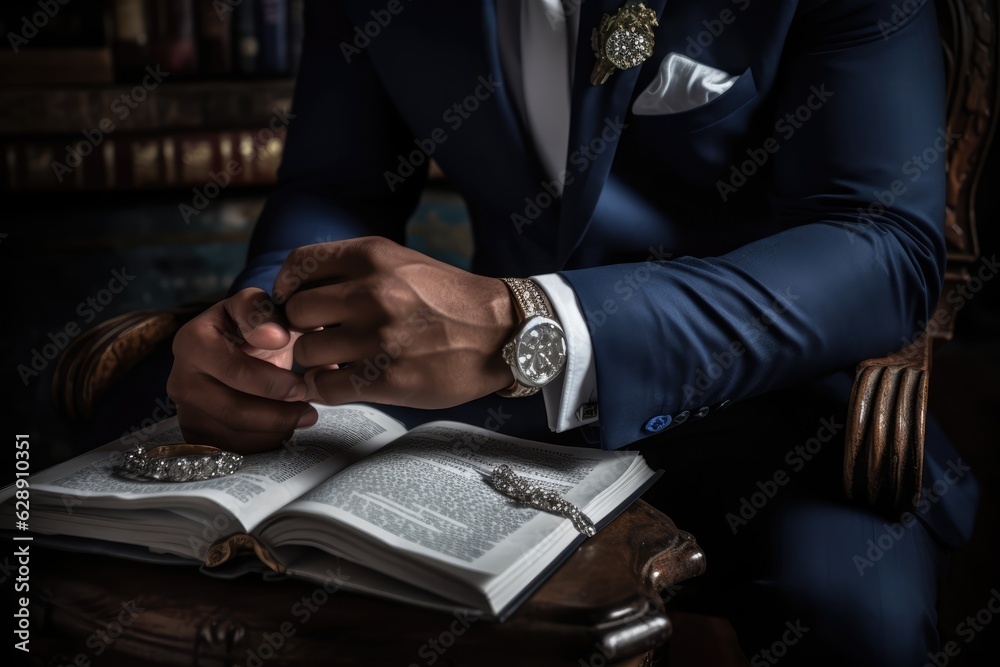 Photo & Art Print The Thinker - A Businessman contemplating a page in ...